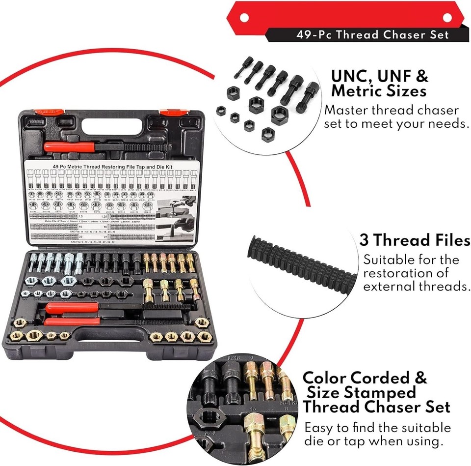 49PCS Thread Repair Chaser Tool UNC UNF Metric Thread Restorer Kit ...