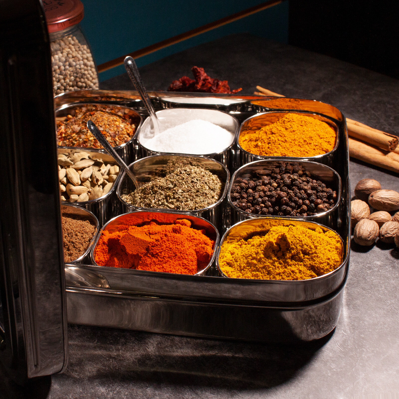 Authentic Indian Spice Tin Box Square Masala Dabba Spoon Stainless ...