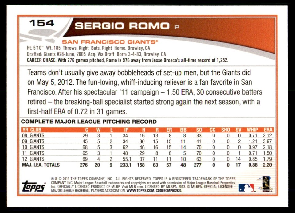 2013 Topps Sergio Romo Baseball Cards #154 | eBay