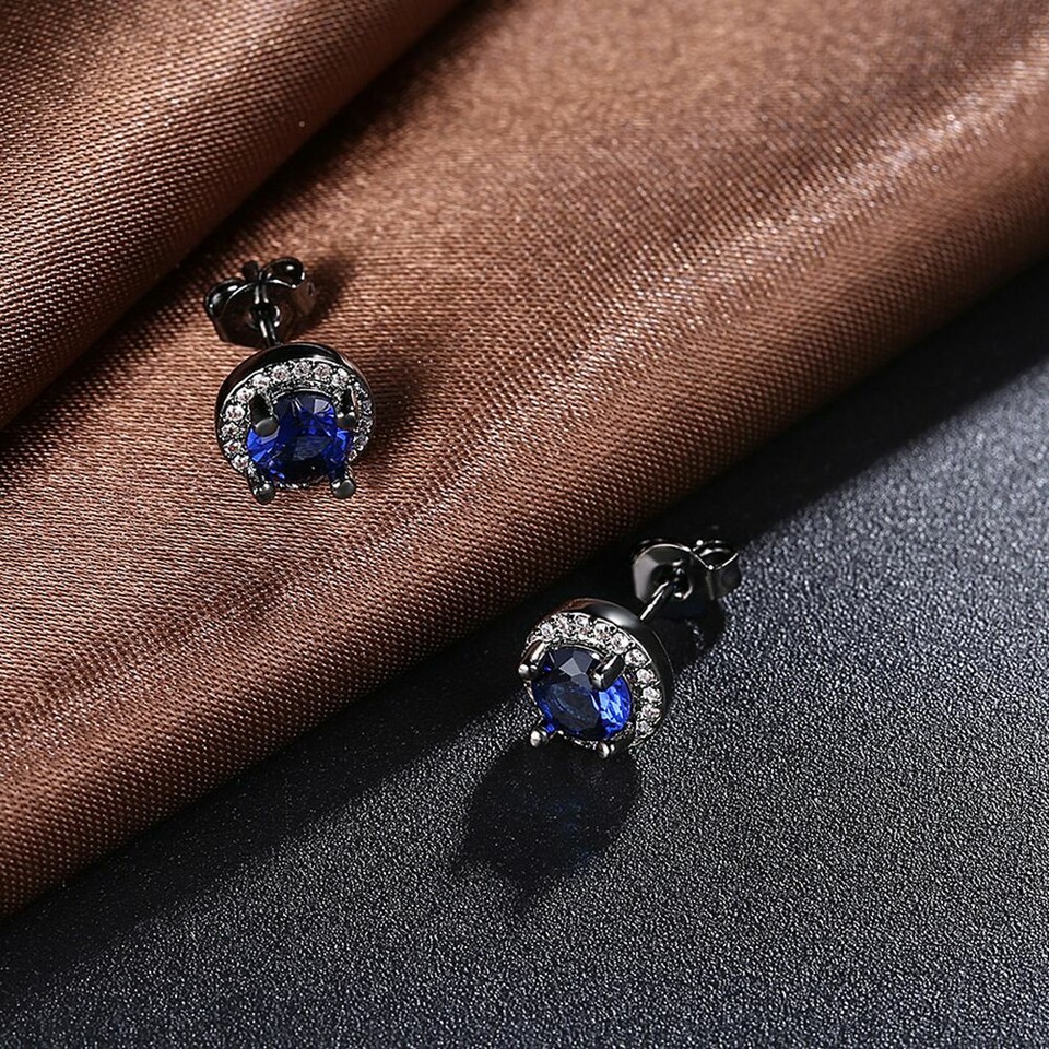 Womens Black Rhodium Plated Blue AAA CZ Round Ear Stud Pierced Earrings #DE33 | eBay