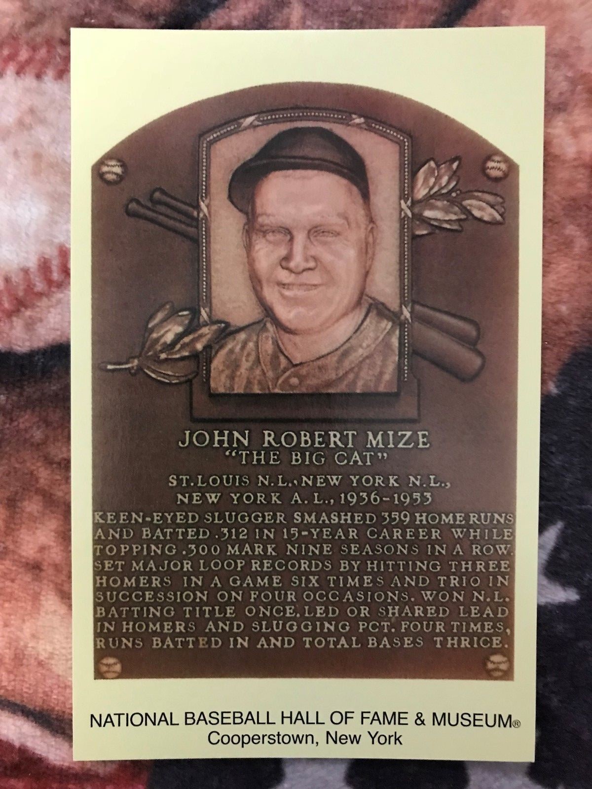 Johnny Mize Postcard- Baseball Hall of Fame Induction Plaque - Photo ...