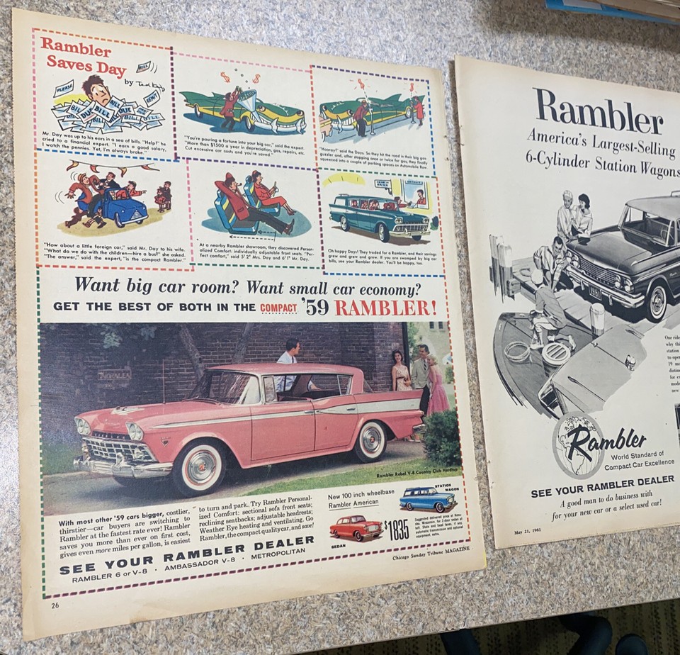 2 LOT Print ADS Vintage Rambler 1959 Pink 1961 Wagon Lark Studebaker ...