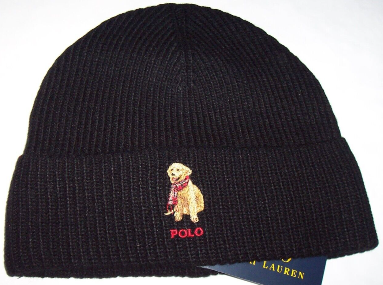 NWT Polo Ralph Lauren Black GOLDEN RETRIEVER DOG Wool-Blend Knit Beanie ...