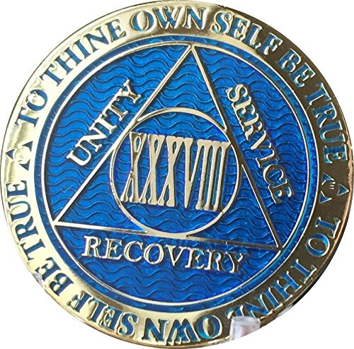 38 Year Reflex Blue Gold Plated AA Medallion Alcoholics Anonymous Chip ...
