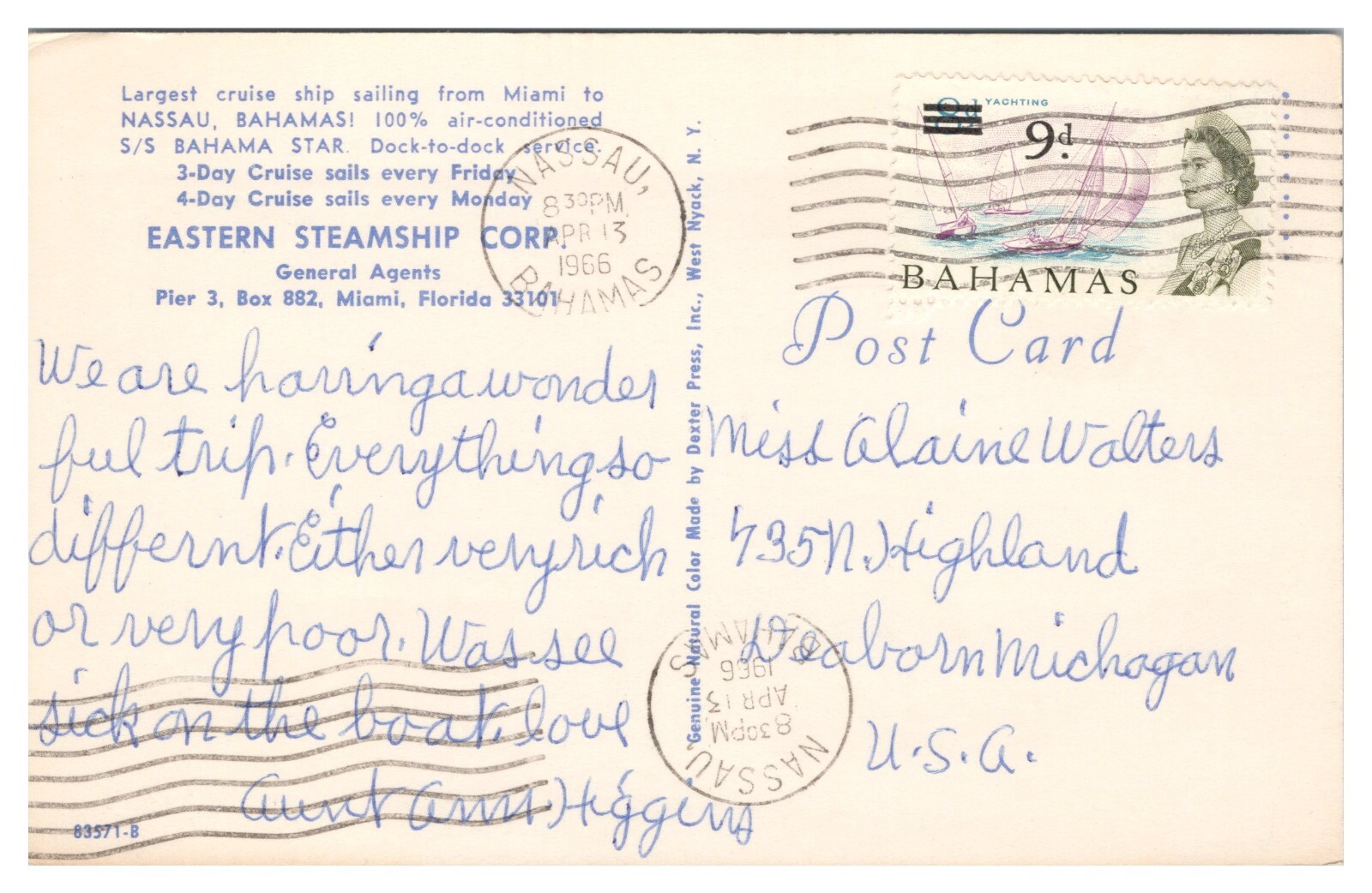 Eastern Steamship Corp. Nassau Bahamas Postcard c1966 Cruise Ship ...
