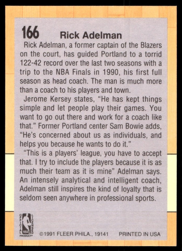 1991-92 Fleer Rick Adelman Portland Trail Blazers #166 | eBay