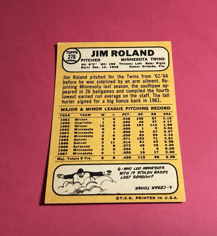 Jim Roland 1968 Topps Baseball #276 No Creases Twins | eBay