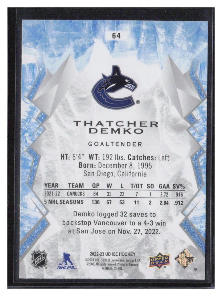 Thatcher Demko 2022-23 UD Ice Green #64 Vancouver Canucks | eBay