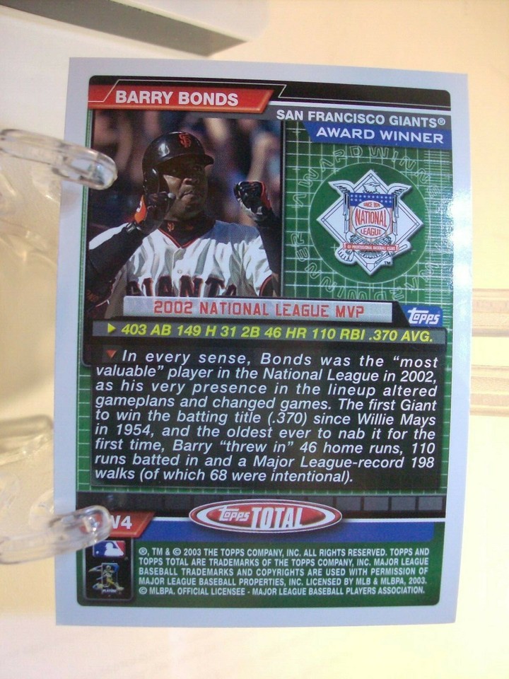 2003 Topps Total Award Winners Baseball Card #AW4 Barry Bonds (86540 ...