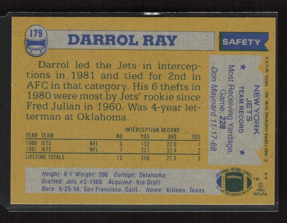 1982 Topps #179 Darrol Ray New York Jets Near Mint or Better | eBay