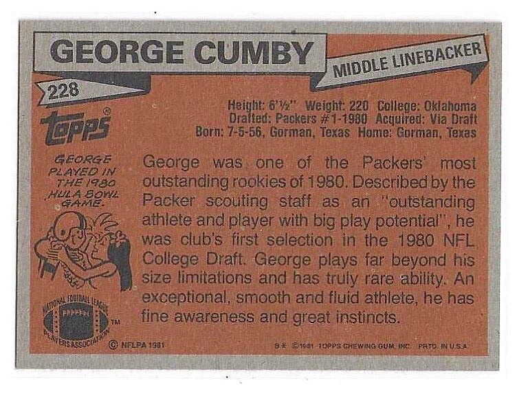 1981 TOPPS GEORGE CUMBY #228 GREEN BAY PACKERS OKLAHOMA SOONERS | eBay