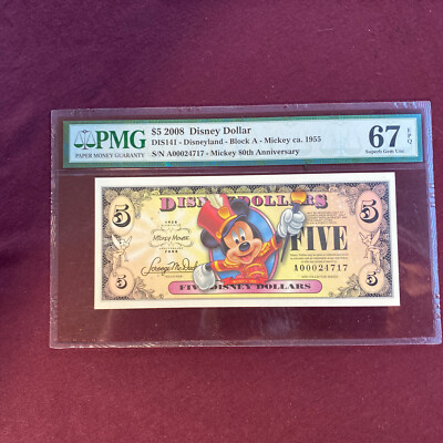 MICKEY MOUSE $5 2008 DISNEY DOLLAR PMG GRADED 67 DIS141 Block A ...