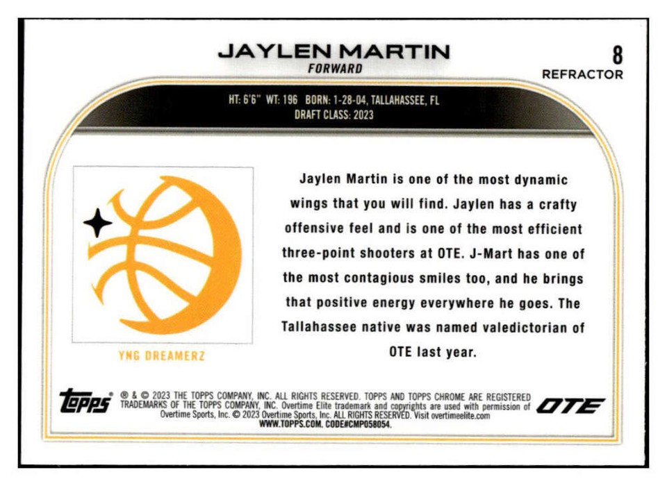 JAYLEN MARTIN RC 2023 Topps Chrome Overtime Elite Refractor #8 NBA ROOK ...