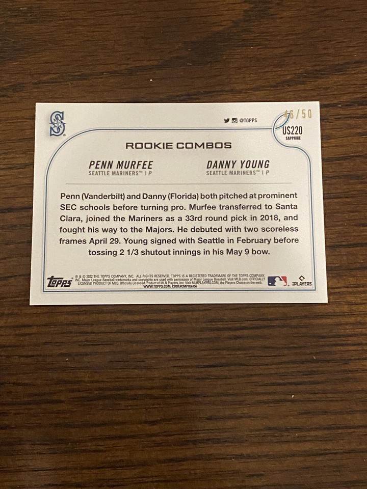 2022 Topps Chrome Update Sapphire Murfee/ Young RC Mariners Gold ...