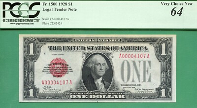 LOW FOUR DIGIT SERIAL - A 00004107 A - 1928 $1 USN - PCGS CU 64 - Fr ...