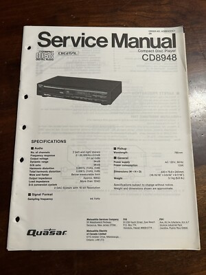 Quasar CD8948 Compact Disc Player CD Service Manual OEM Vintage ...
