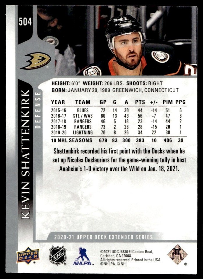 2020-21 Upper Deck Kevin Shattenkirk Anaheim Ducks #504 | eBay