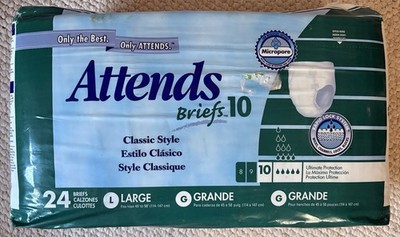 Vintage 24 Attends Adult Briefs 10 Large Incontinence Diapers Classic ...