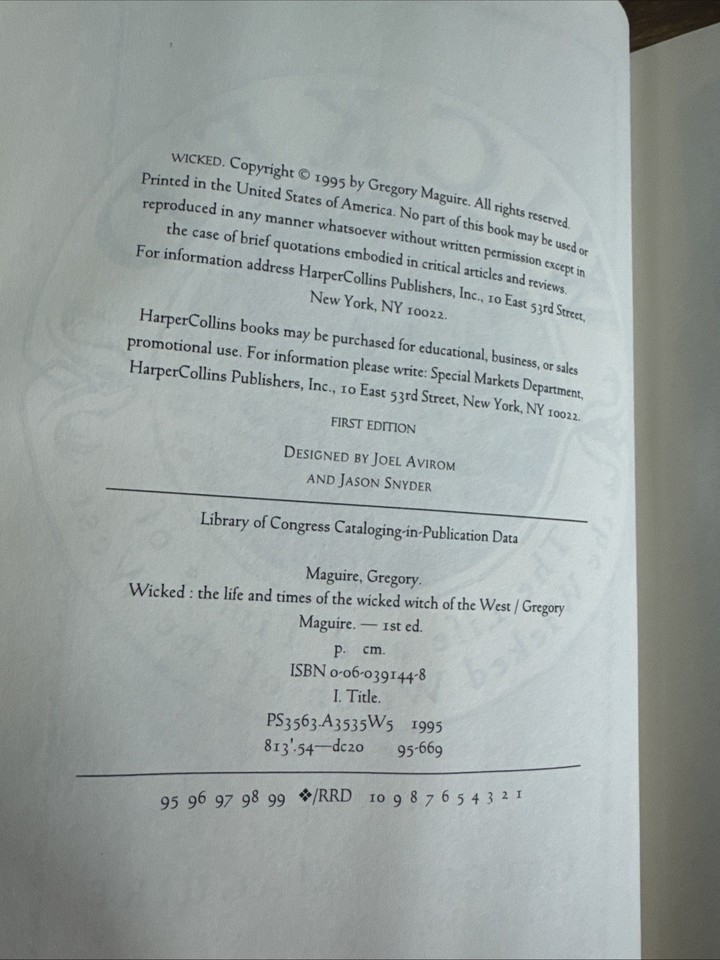 WICKED BY GREGORY MAGUIRE 1995 FIRST EDITION/ FIRST PRINTING HC~ELPHABA ...