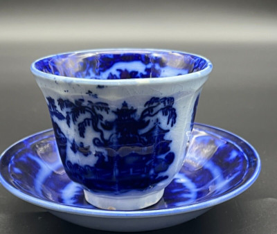 Flow Blue Temple Handleless Cup and Saucer-1834-1859 | eBay