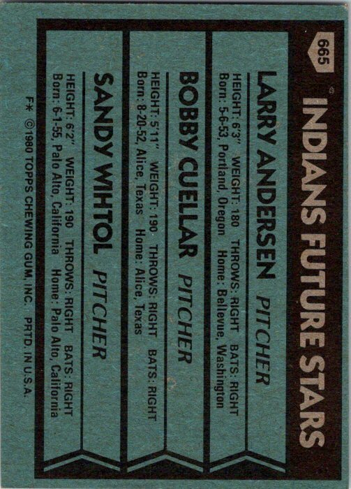 1980 Topps #665 Indians Future Stars (L. Andersen / Bobby Cuellar / S ...