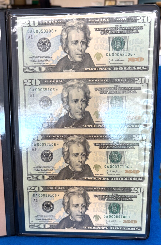 2004 A $20 Star Note Uncut Currency Four Note Sheet with Folder | eBay