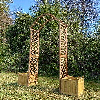 Wooden Garden Arch (Tan) with Pair of Garden Planters & Metal Ground ...