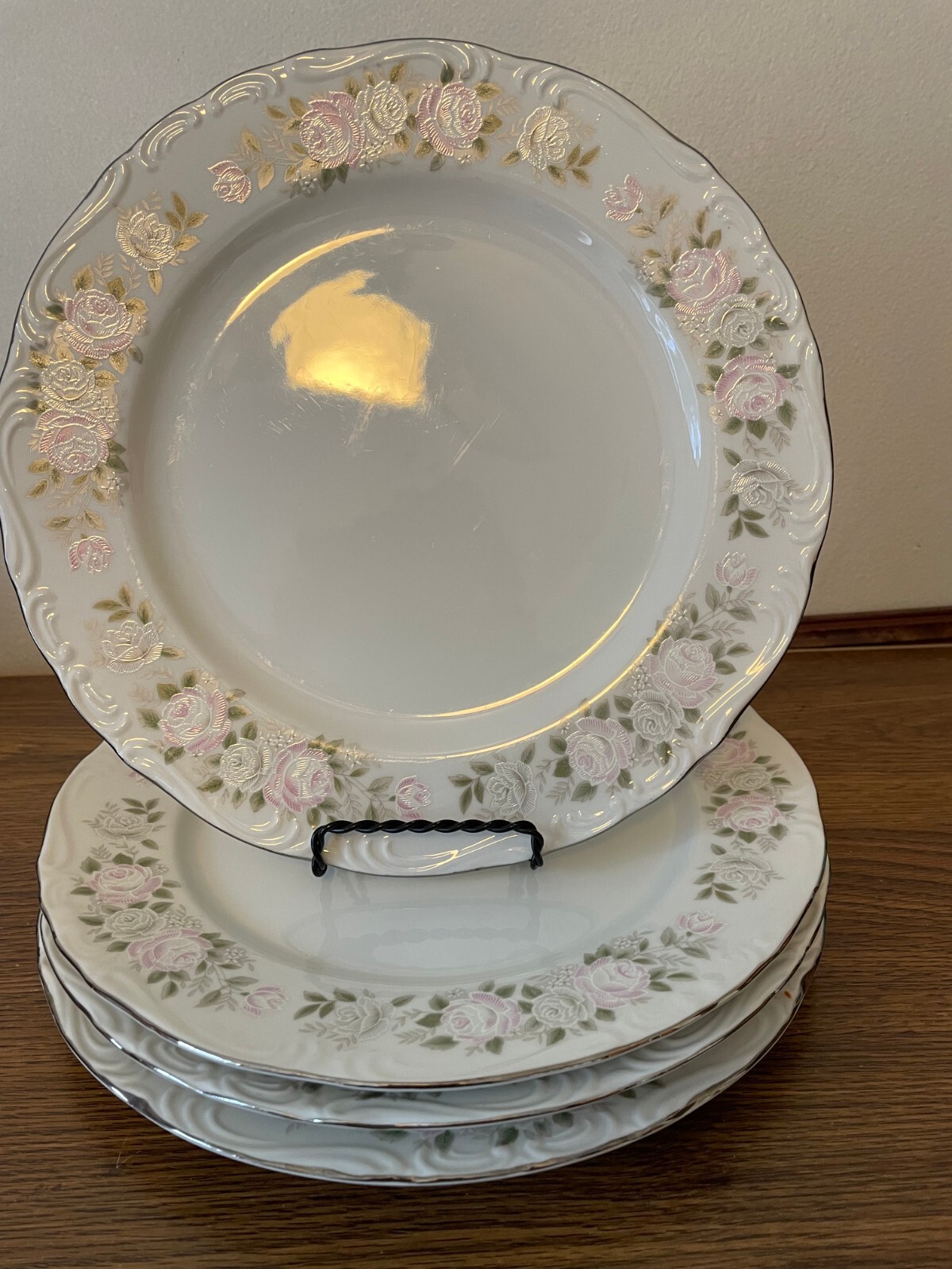 Sheffield Classic 10 1/4" Plates Pink Roses Silver Trim Set of 4 | eBay