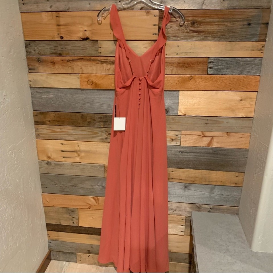 NWT Lulus Meteoric Rise Rusty Rose Maxi Dress Ruffle Strap Button Back ...