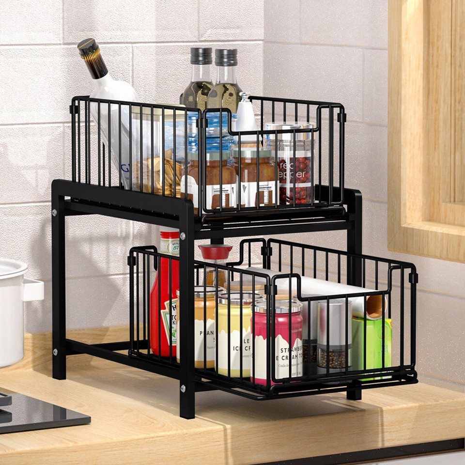 2 Tier Pull Out Basket Under Sink Kitchen Cupboard Organiser Drawer ...