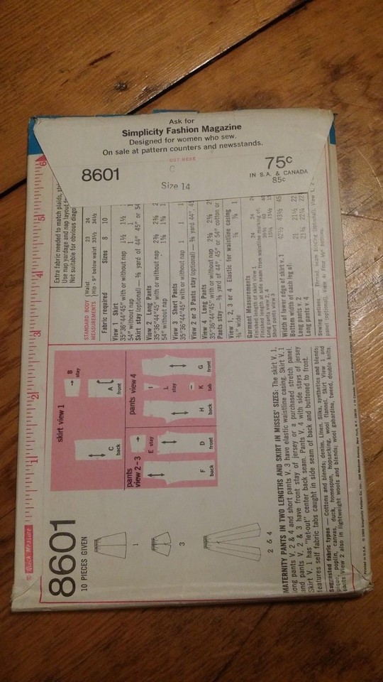 VINTAGE SIMPLICITY MATERNITY SKIRT PATTERN 8601 SIZE 14 UNCUT FREE ...