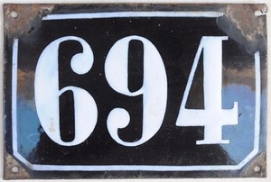 Large old black French house number 694 door gate plate plaque enamel ...