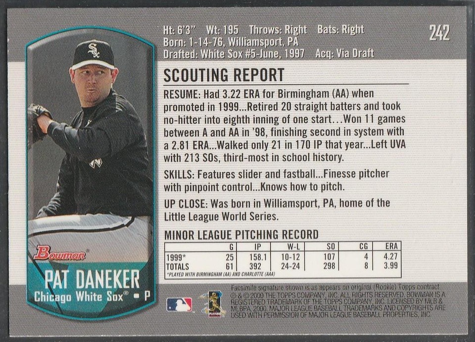 124, Original Autograph, Pat Daneker RC; Chicago White Sox, 2000 Bowman ...