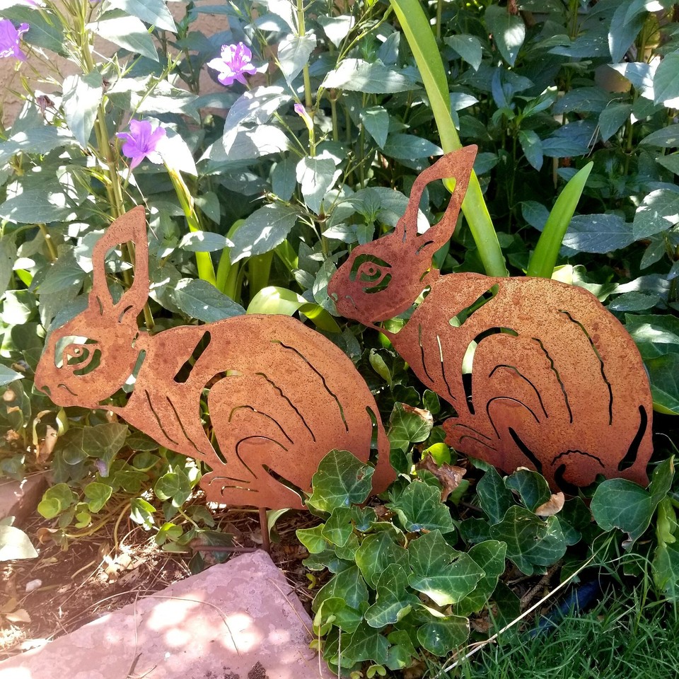 Bunny Rabbit Metal Silhouette Stake Cutout Garden Lawn Yard Decor Set ...