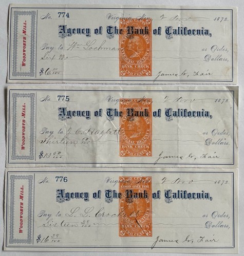 3 Consecutive 1872 Virginia City Nevada NV Check James G Fair RN E ...