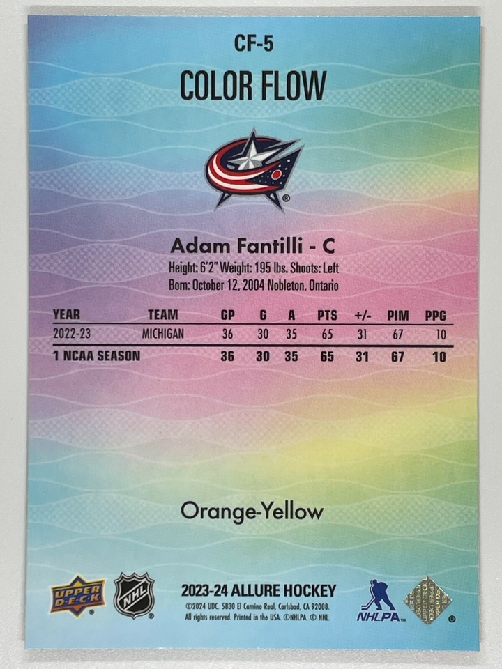 2023-24 UPPER DECK ALLURE COLOR FLOW ORANGE- YELLOW ADAM FANTILLI | eBay