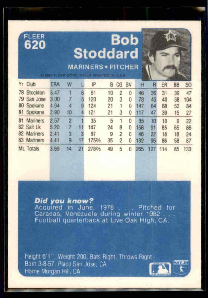 1984 Fleer Bob Stoddard #620 Seattle Mariners | eBay