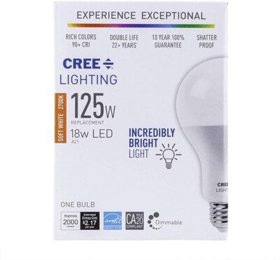 Cree Lighting (4PACK) A21 125W Equivalent LED Bulb Dimmable, Soft White ...