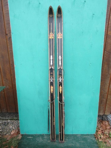 VINTAGE Wooden 72" Snow Skis Original Finish Cable Binding Signed ...