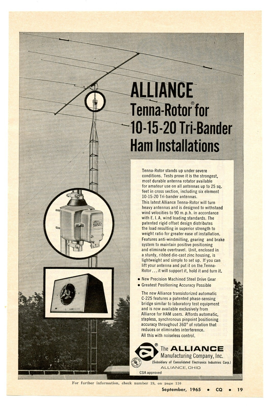CQ Ham Radio Mag. Ad ALLIANCE Tenna-Rotor 10-15-20 for Tri-Banders (9/ ...