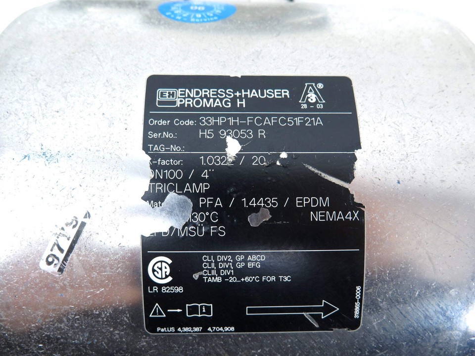 Endress + Hauser 33HP1H-FCAFC51F21A Tri-Clamp Flow Meter **No Clamp ...