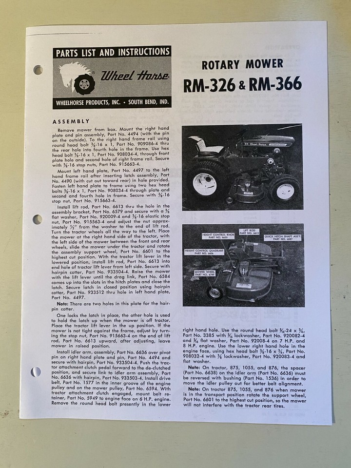 WHEEL HORSE 1055-855 Operators Manual/Parts + Mower Deck Manual + DECAL ...