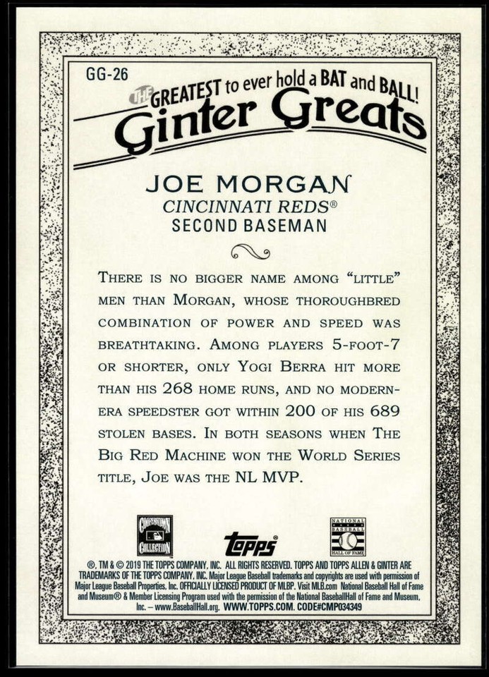 Joe Morgan 2019 Allen and Ginter Ginter Greats 5x7 #GG-26 30/49 Reds | eBay