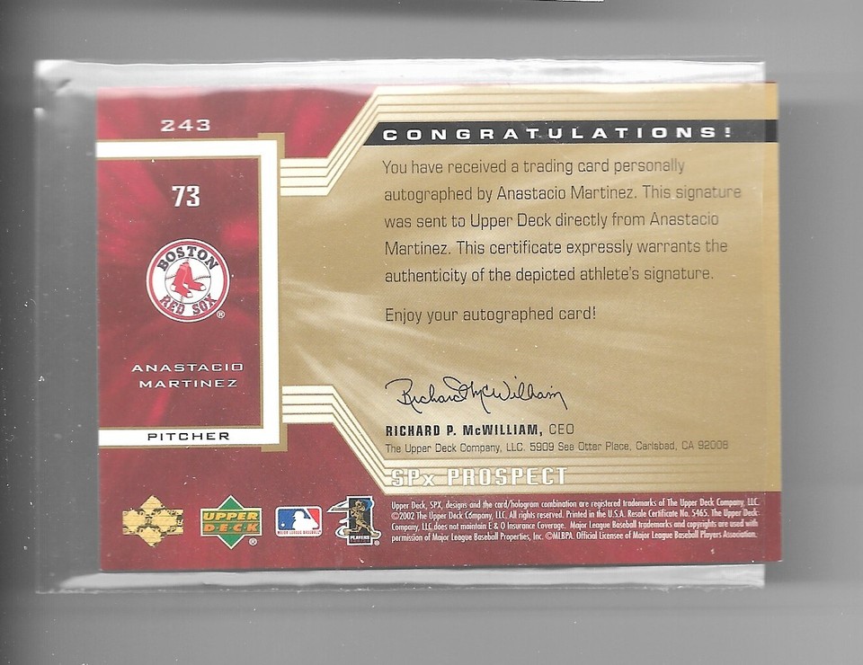 2002 SPX Prospect Anastacio Martinez #243 556/825 Rookie Boston Red Sox ...