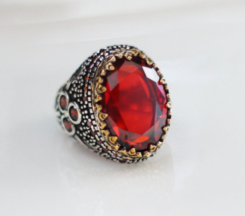 Mens Real 925 Sterling Silver Simulated Ruby Red Gem Stone Statement ...