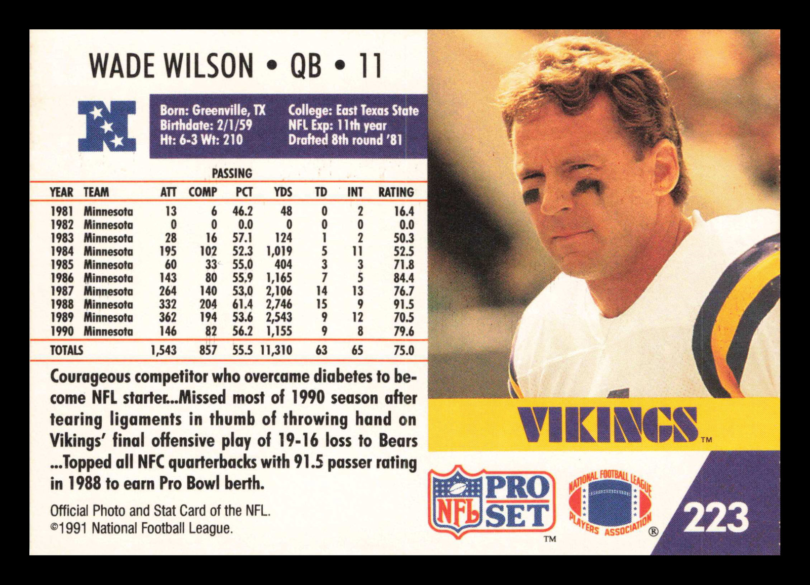 Wade Wilson #223 1991 Pro Set Minnesota Vikings | eBay