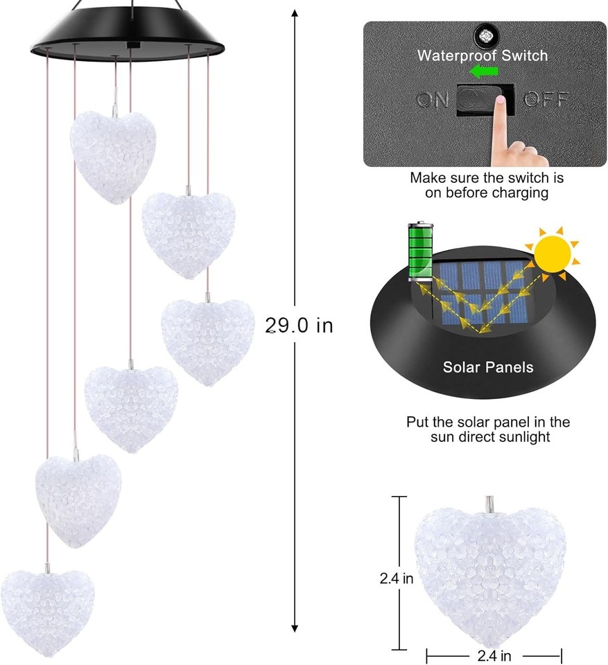 LED Solar Powered Color Changing Love Heart Wind Chimes Garden Yard ...