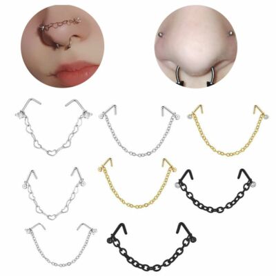 Double Nose Chain Nose Piercing Ring StainlessSteel Love Heart Chain ...