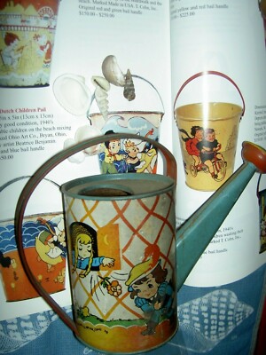 OHIO ART 1940s tin lithographed watering can Dutch Children,BEATRICE HK ...
