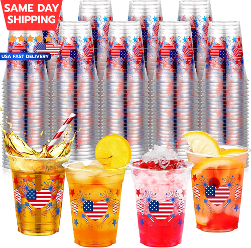 100 Pcs 12Oz 4Th of July Cups Plastic Patriotic Cups Disposable ...